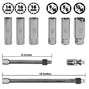 KAIFNT K201 Comprehensive Spark Plug Socket Set with Locking Extensions, 3/8-Inch Drive, 9-Piece