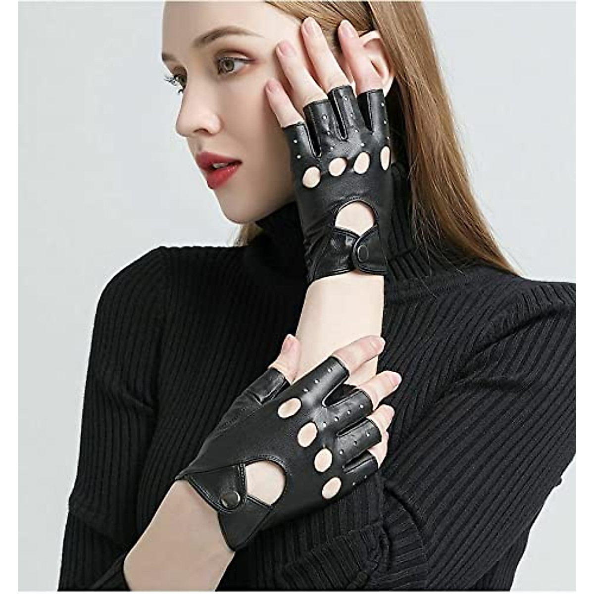 FLORVIV Black Fingerless Gloves PU Faux Leather Goth Cosplay Costume Punk Halloween Performance for Men