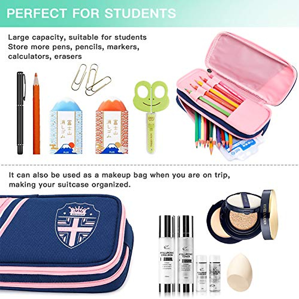 Large Capacity Pencil Case,Uhans Pencil Pouch with Double Zipper and 100% Polyester Sturdy Material,Pencil Box for Kids Can Be Multi Used in School and Office of Makeup Bag