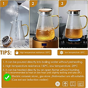 Glass Pitcher with Lid with 2 Cups, Durable 0.52 Gal Glass Pitcher with Handle with 2 Glass Cups, Water Carafe with Cups Teapot Set Gift for Hot/Cold Beverage, Juice or Tea