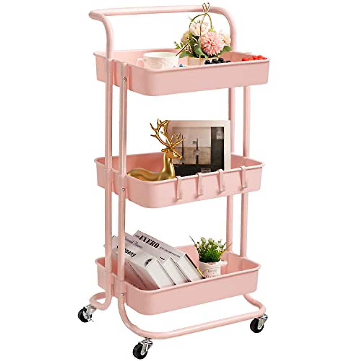 danpinera 3 Tier Rolling Utility Cart with Hooks & Handle Storage Organization Shelves for Kitchen, Bathroom, Office, Library, Coffee Bar Trolley Service Cart, Pink
