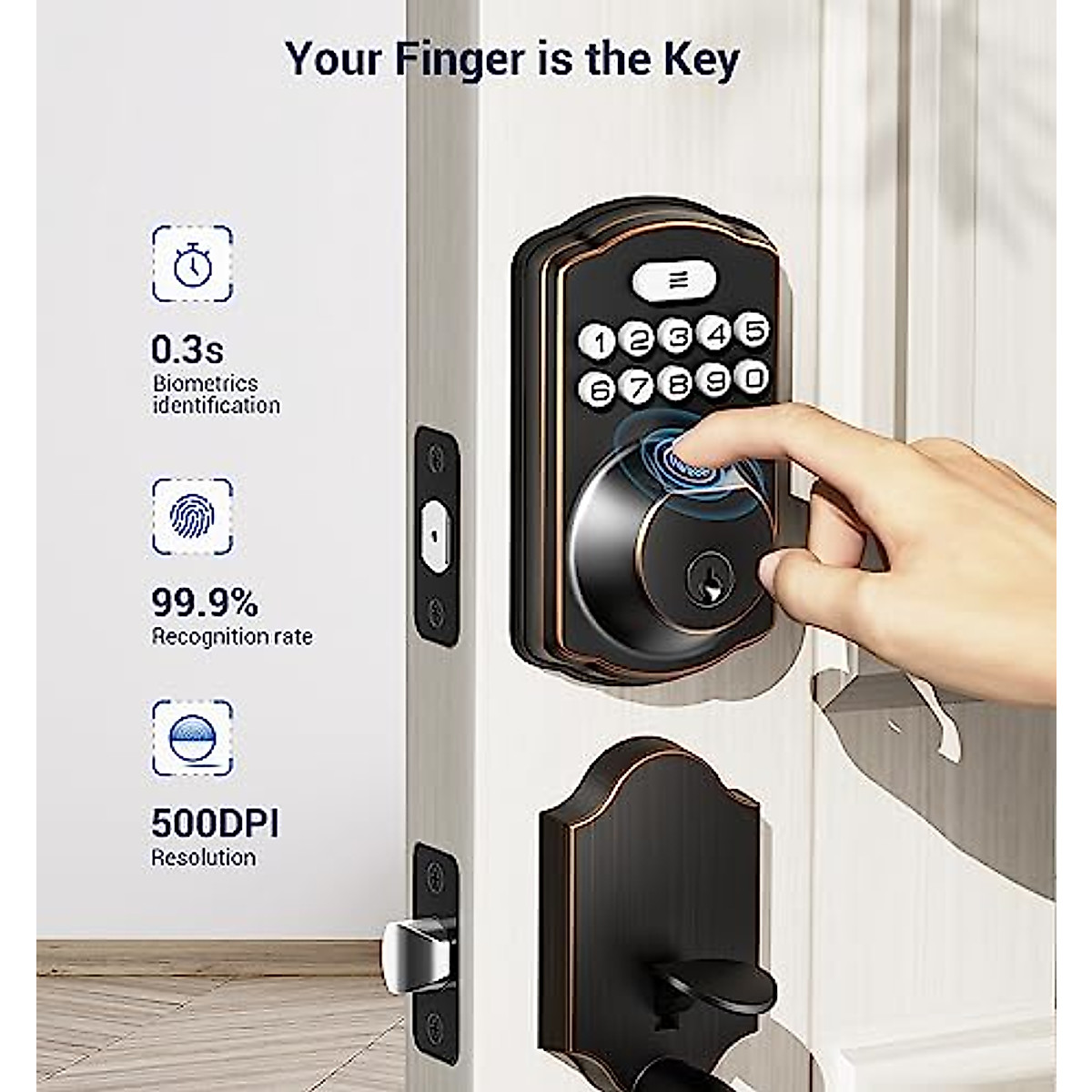 Veise Fingerprint Door Lock Set, Keyless Entry Door Lock, Front Door Handle Sets, Electronic Keypad Deadbolt with Lever Handle, 2 Keys, Auto Lock, Code Door Lock, Easy Installation, Oil Rubbed Bronze