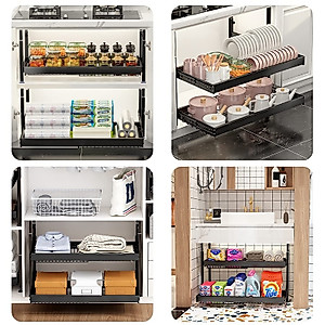 moapm Pull Out Cabinet Organizer Wire Basket Slide Out Cabinet Drawer 2 Tier Individual Storage Shelves Spice Rack Under Sink Organizers and Storage for Kitchen, Bathroom Double Layer