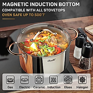 Ciwete 8 Quart Stock Pot, 18/10 Tri-Ply Stainless Steel Whole Clad Stock Pot with Lid, Integrated Process, 8 QT Soup Pot with Copper Handle, Induction Stockpot, Oven, Gas, Dishwasher Safe