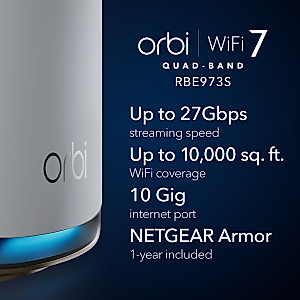 NETGEAR Orbi 970 Series Quad-Band WiFi 7 Mesh Network System (RBE973S), Router + 2 Satellite Extenders, Covers Up to 10,000 sq. ft., 200 Devices, 10 Gig Internet Port, BE27000 802.11be (Up to 27Gbps)