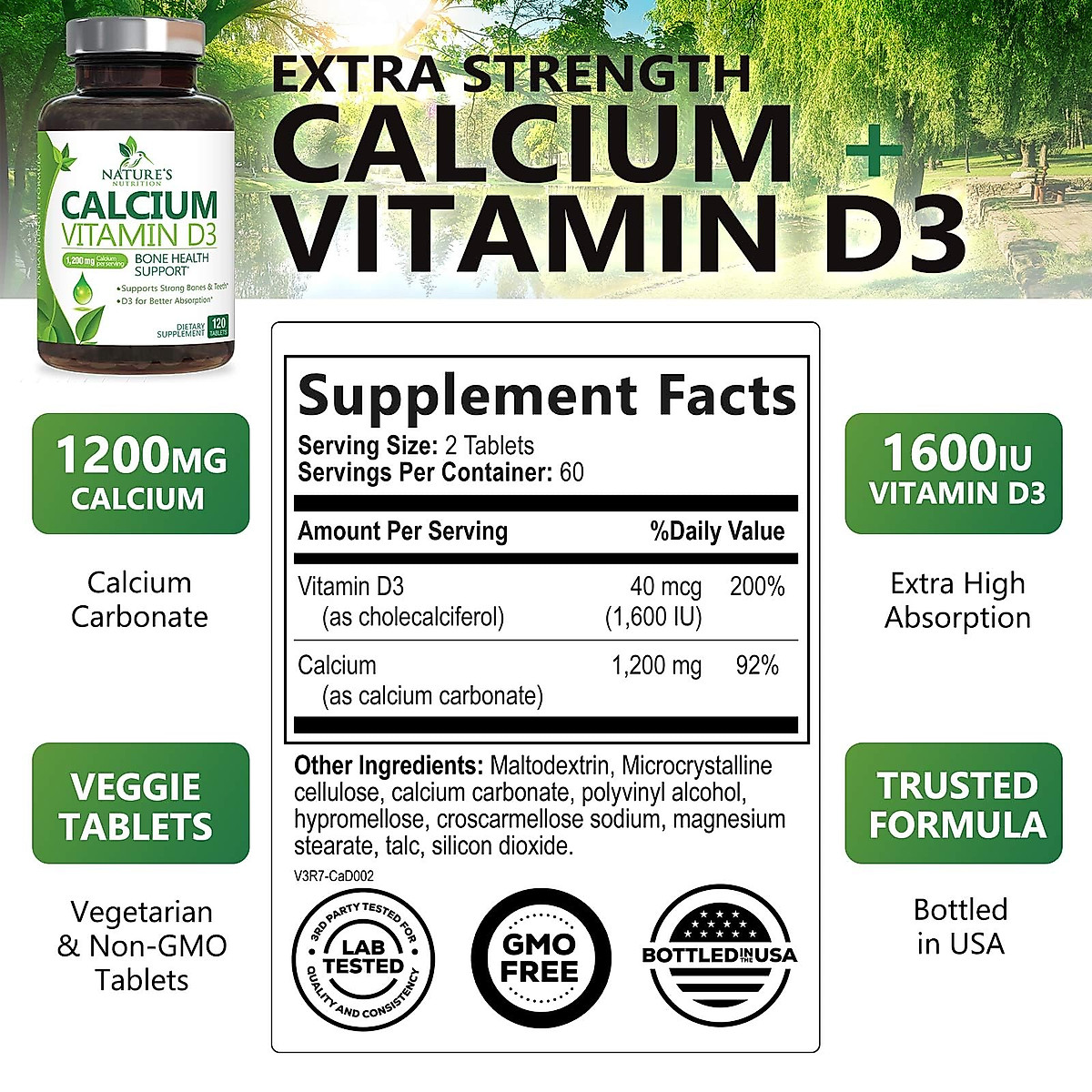 Calcium 1200 mg Plus Vitamin D3, Bone Health & Immune Support - Nature's Calcium Supplement with Extra Strength Vitamin D for Extra Strength Carbonate Absorption Dietary Supplement - 120 Tablets