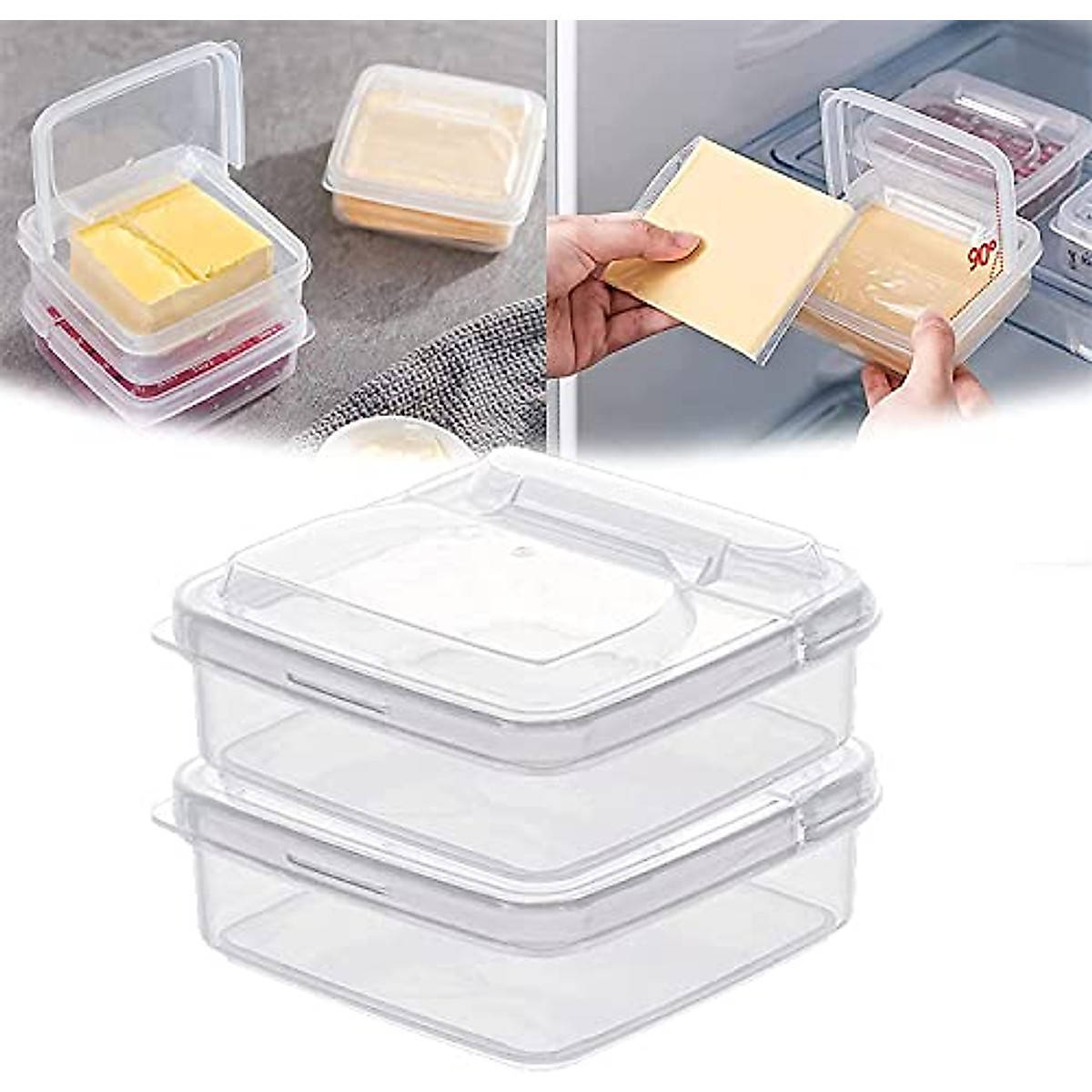 Sliced Cheese Container for Fridge with Flip Lid,Butter Block Cheese Slice Storage Box,Portable Leakproof Clear Flip Top Storage Box,Vegetable & Fruit Fresh-Keeping Box for Food Storage (2PCS)
