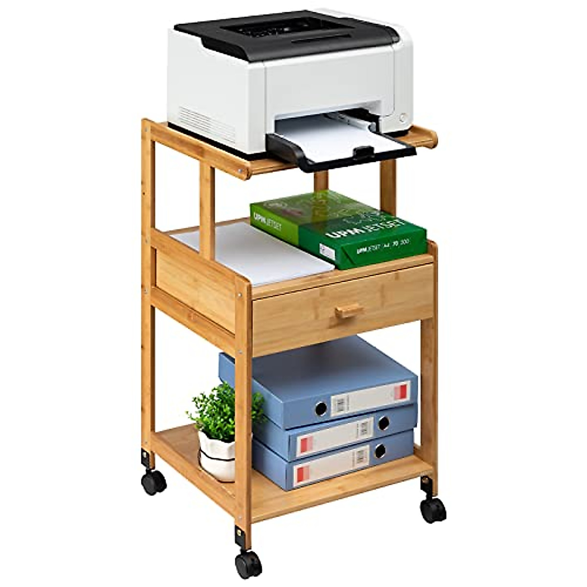 ALIMORDEN 3-Tiers Mobile Printer Stand Holder with Drawer, Rolling Cart with Wheels, Bamboo Rack for Home and Office