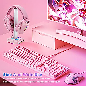 TuparGo Pink Headphone Stand RGB Lights Gaming Headset Holder with 3 USB Port for Charging or Connecting Headset Keyboard and Mouse,9 Modes Can be Toggles and Off,Aluminium Connecting Rod.