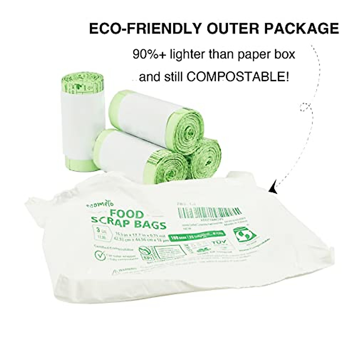 ecomelo Compostable Trash Bags, 3 Gallon/11.35 Liter, 100 count, Extra thick 0.71 Mils, Kitchen Food Scrap/Organic Waste Bags certified Biodegradable BPI ASTM D6400, HOME Compostable EN13432 & AS5810