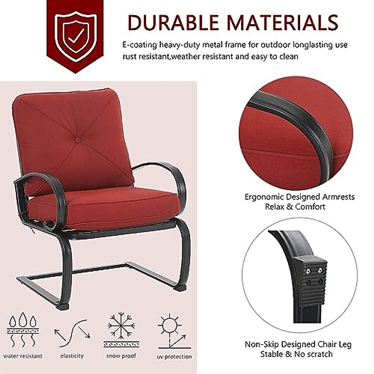 MFSTUDIO 7 Piece Outdoor Patio Dining Set, 6 Spring Motion Cushion Chairs, 1 Rectangular Table with 1.7" Umbrella Hole, Metal Furniture Sets for Lawn Backyard Garden, Red