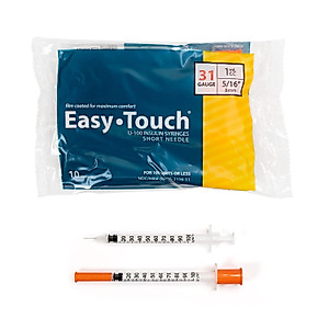 Easy Touch U-100 Insulin Syringe with Needle, 31G 1cc 5/16-Inch (8mm), Box of 100