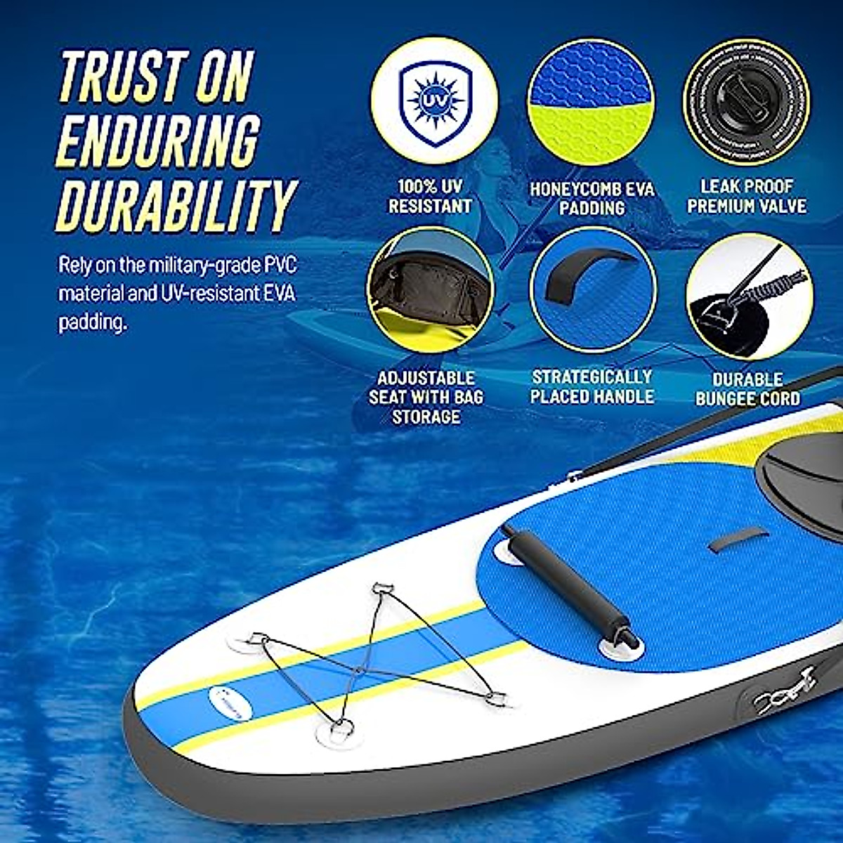 Blue Water Toys Inflatable Crossover Stand Up Paddle Board/Kayak Kit - Pump, Backpack, Coil Leash, Paddles, Detachable Seat, SUP 300 Pound Limit, 10 Feet by 32 Inches