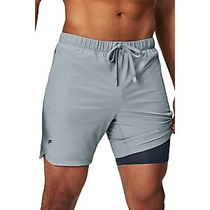 Fabletics Men's The One Short (Lined), Training, Swimming, Lightweight, Quick-Dry, Zip Pocket, Stretch Woven, 7" Inseam, L, Shadow Grey