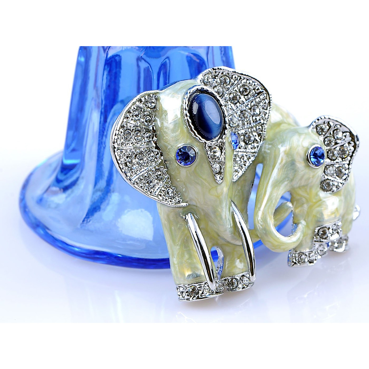 Alilang Crystal Sapphire Eyed Pearlescent Paint Elephants Pin Brooch
