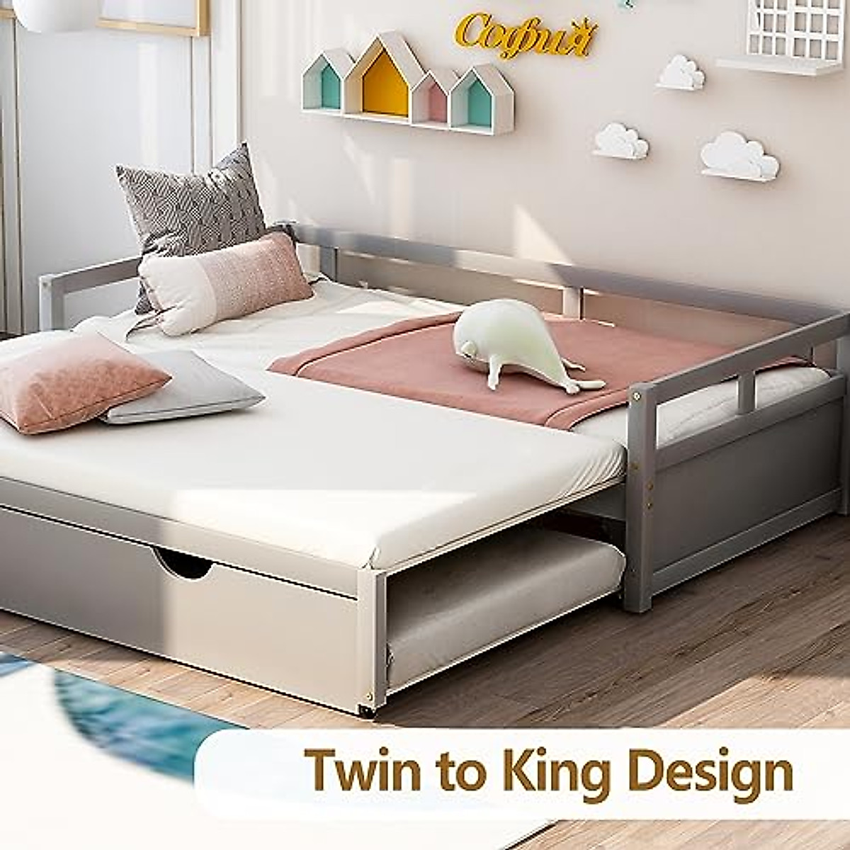 Altillo Twin Size Daybed, Wooden Daybed with Trundle Bed, Extendable Daybed, Sofa Bed with Trundle, Wood Daybed Twin Size for Living Room Bedroom (Grey)