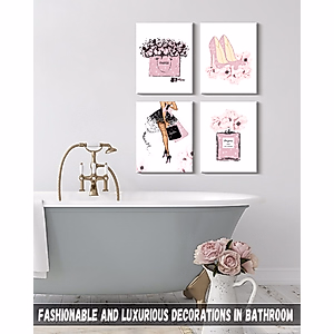 Drsoum Glam Pink Fashion Wall Decor,Woman Makeup Framed Wall Art,Hot Pink Girly Room Decor,Perfume Handbags High Heels Lipstick Wall Paintings Set of 4, 8x10 in (Framed)