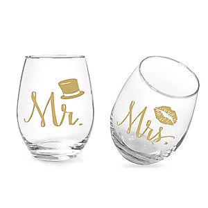 Jogskeor Mr and Mrs Wine Glasses, Stemless Wine Glasses 15oz, Wedding Anniversary Valentine's Day Engagement Birthday Christmas Gift for Bride and Groom, Couples, Mr Mrs