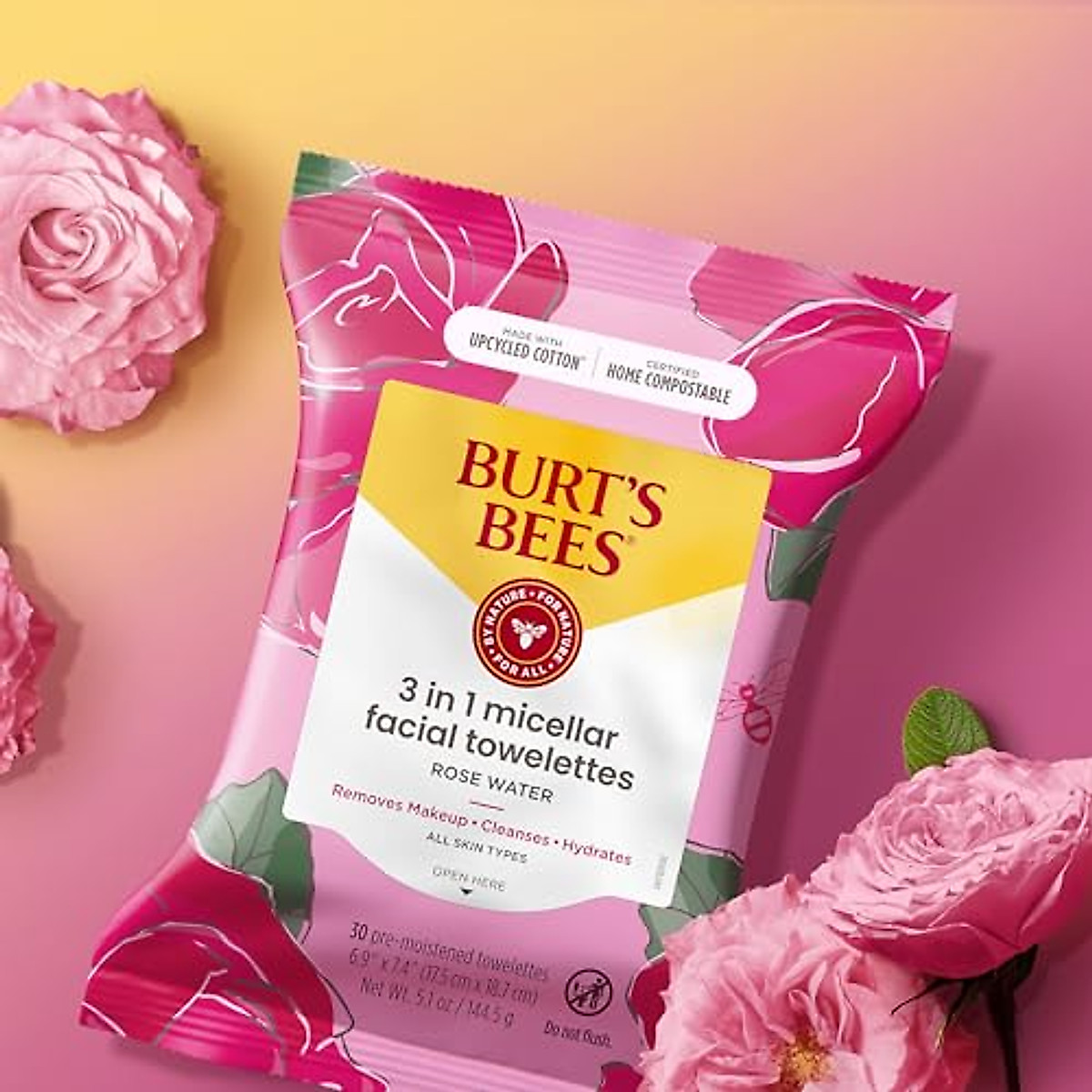 Burt's Bees Rose Water Face Wipes, for All Skin Types, Hydrating Micellar Makeup Remover & Facial Cleansing Towelettes, 30 Ct (3-Pack)