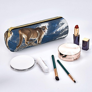 OUSIKA Panther Mountain Lion Round Pencil Bag Waterproof Leather Pen Case Makeup Bag Travel Toiletry Bag Organizer Case For Men Women