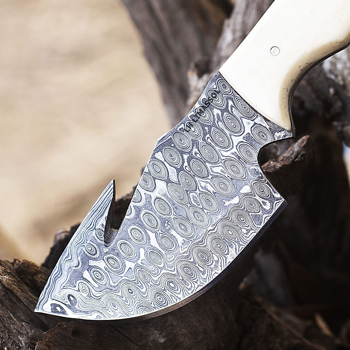 LH LIMASSOL 8 INCH Fixed Blade Custom Handmade Damascus steel Gut Hook knife/Hunting knife / skinner knife /Gut Hook knife leather sheath (camel bone)