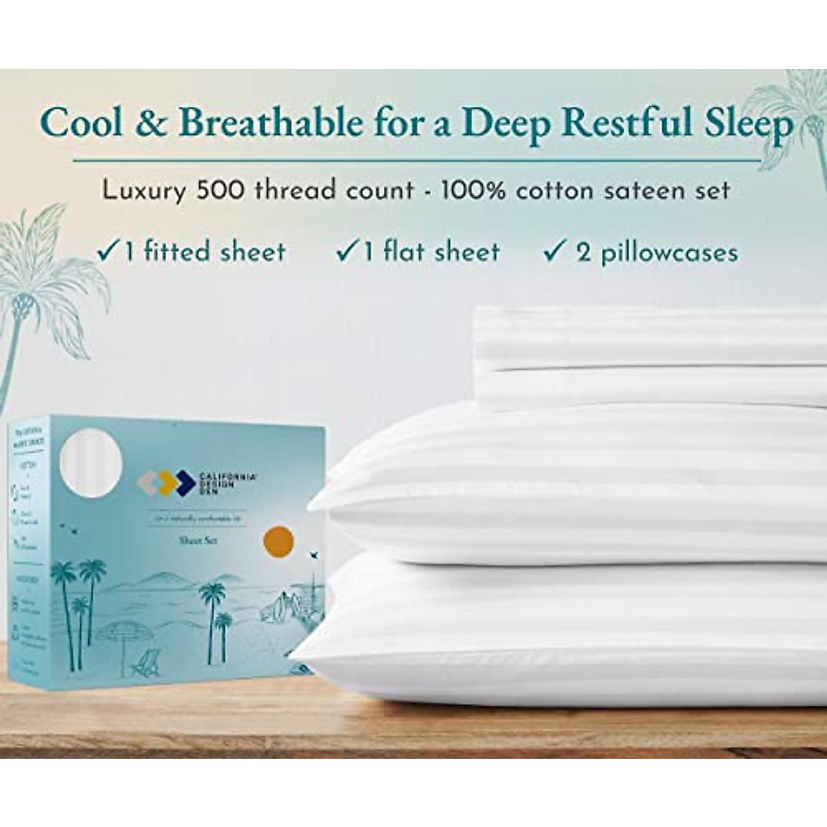 California Design Den Striped Sheets, 500 Thread Count 100% Cotton Sheets for Queen Size Bed, Cooling Deep Pocket Damask Sheets, Extra Soft Luxury Hotel Quality - Striped White Sheets