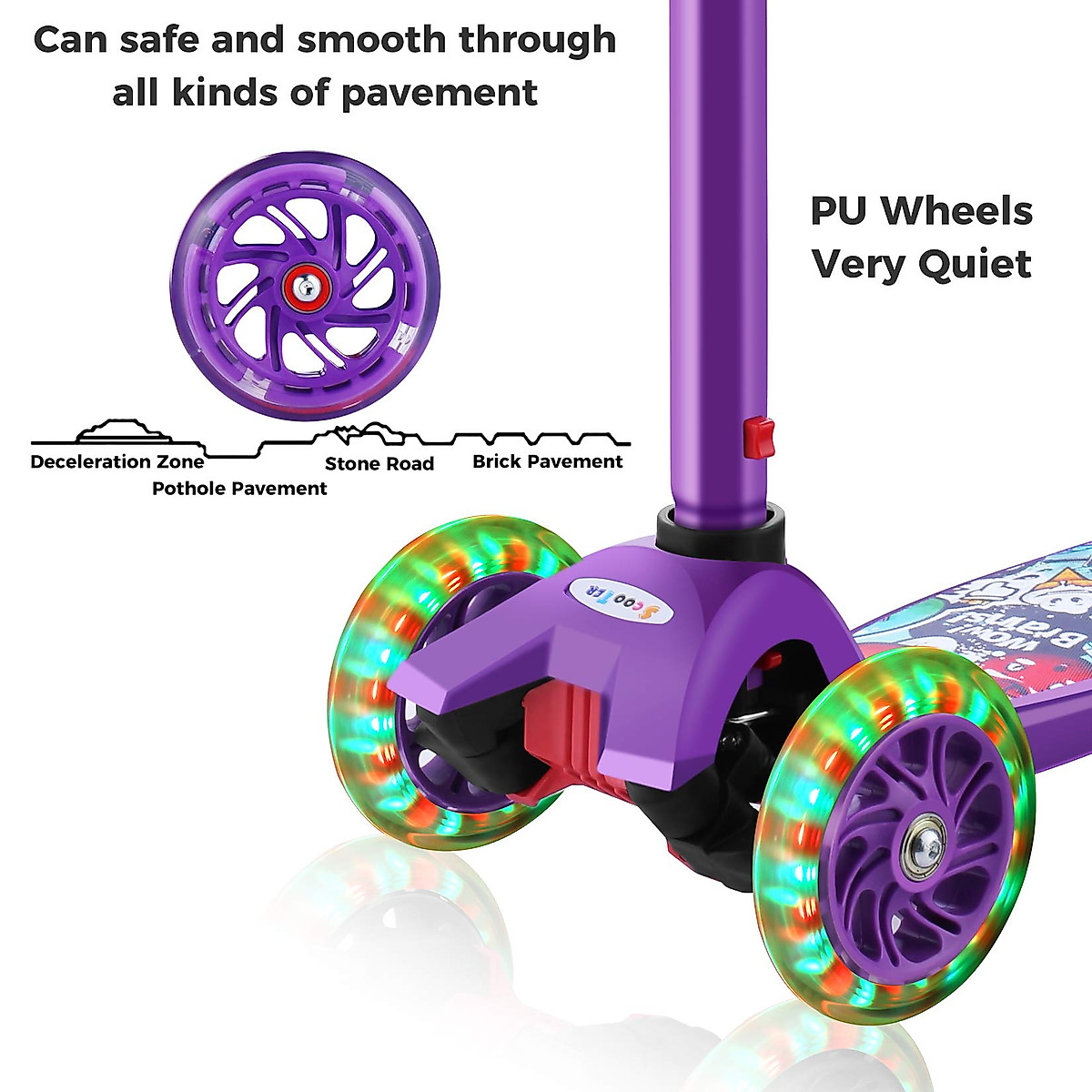 Hikole 3-Wheel Scooter for Kids with LED Wheels - Adjustable Height, Lean-to-Steer Design, for Girls & Boys 3-12 Years Old