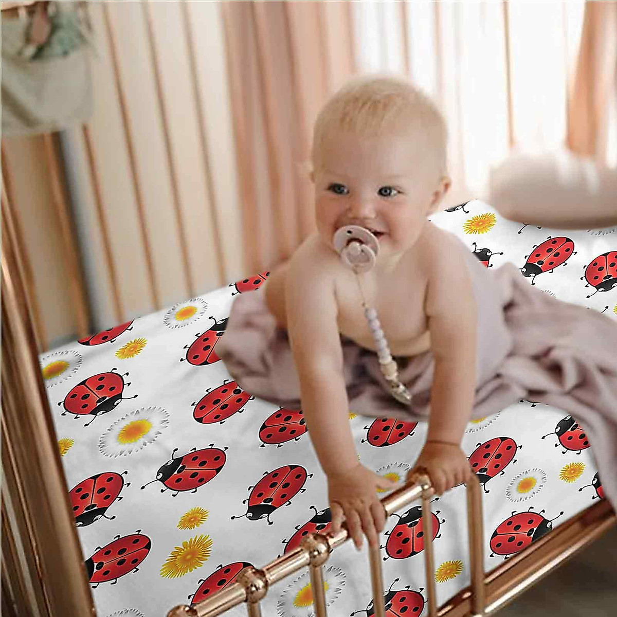 Ladybugs Crib Fitted Sheet,Spring Blooms Sunny Day Decorative Microfiber Toddler Sheet for Standard Crib and Toddler mattresses Nursery Bedding Sheet Crib Mattress Sheets for Boys Girls,28" x 52"