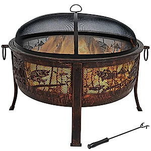 Sunnydaze 30-Inch Fire Pit with Spark Screen, Water-Resistant Cover, Metal Grate, and Fireplace Poker - Northwoods Fishing