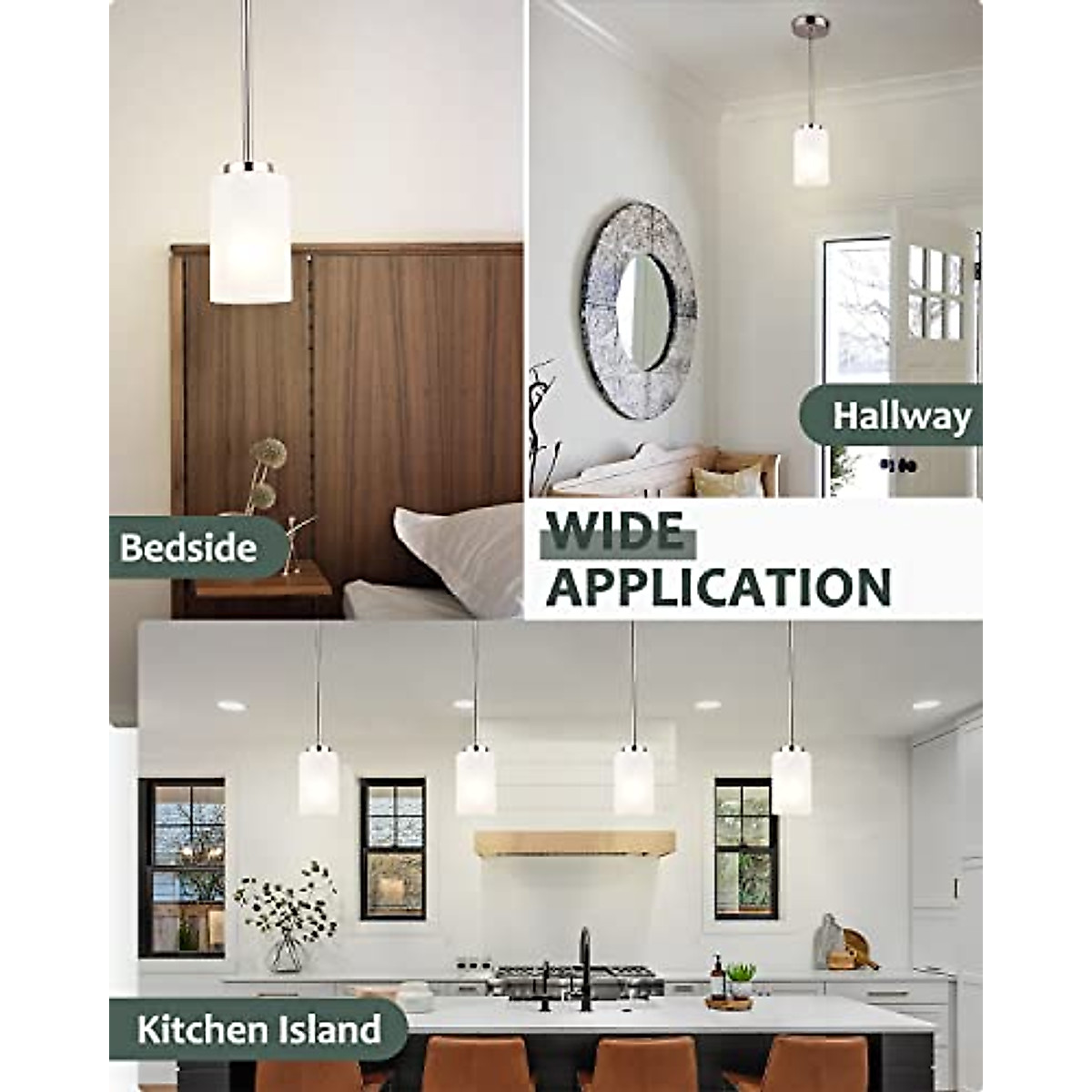 Eietonte 1-Light Mini Pendant Light Fixtures, Industrial Chandelier Hanging Ceiling Light with Opal White Shades, Adjustable Height, Brushed Nickel Pendant Lighting for Kitchen Bedroom Hallway, 2 Pack