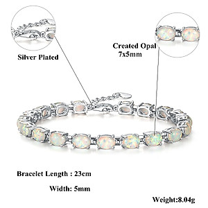 CiNily Oval Shape Tennis White Opal Bracelet for Women Ladies Adjustable Opal Jewelry Rhodium Plated Teen Girls Gemstone Bracelet 8.5"