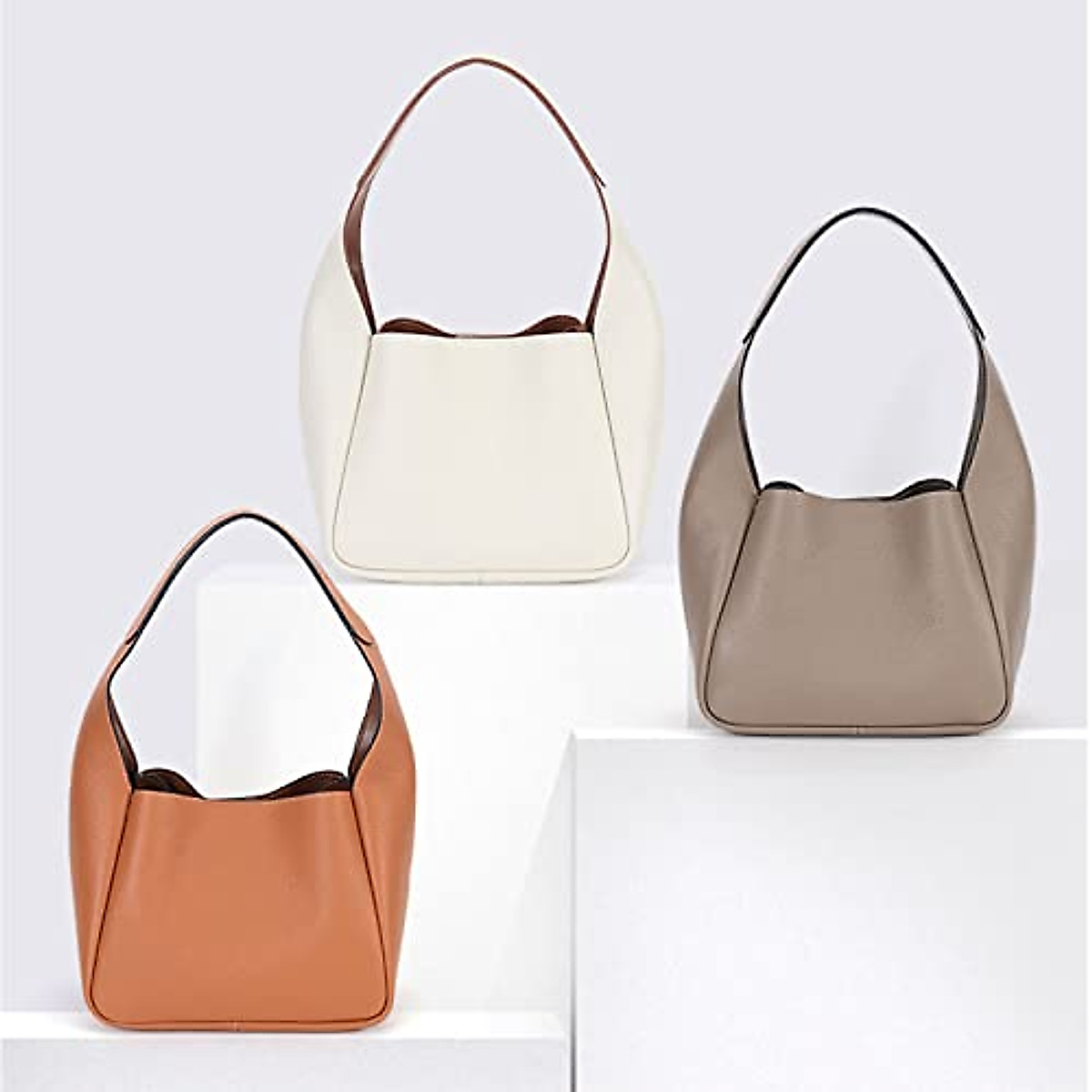 Women Hobo Handbag Soft Leather Bucket Shoulder Purse Designer Fashion Tote Bag for Work Travel Shopping, Light Tan