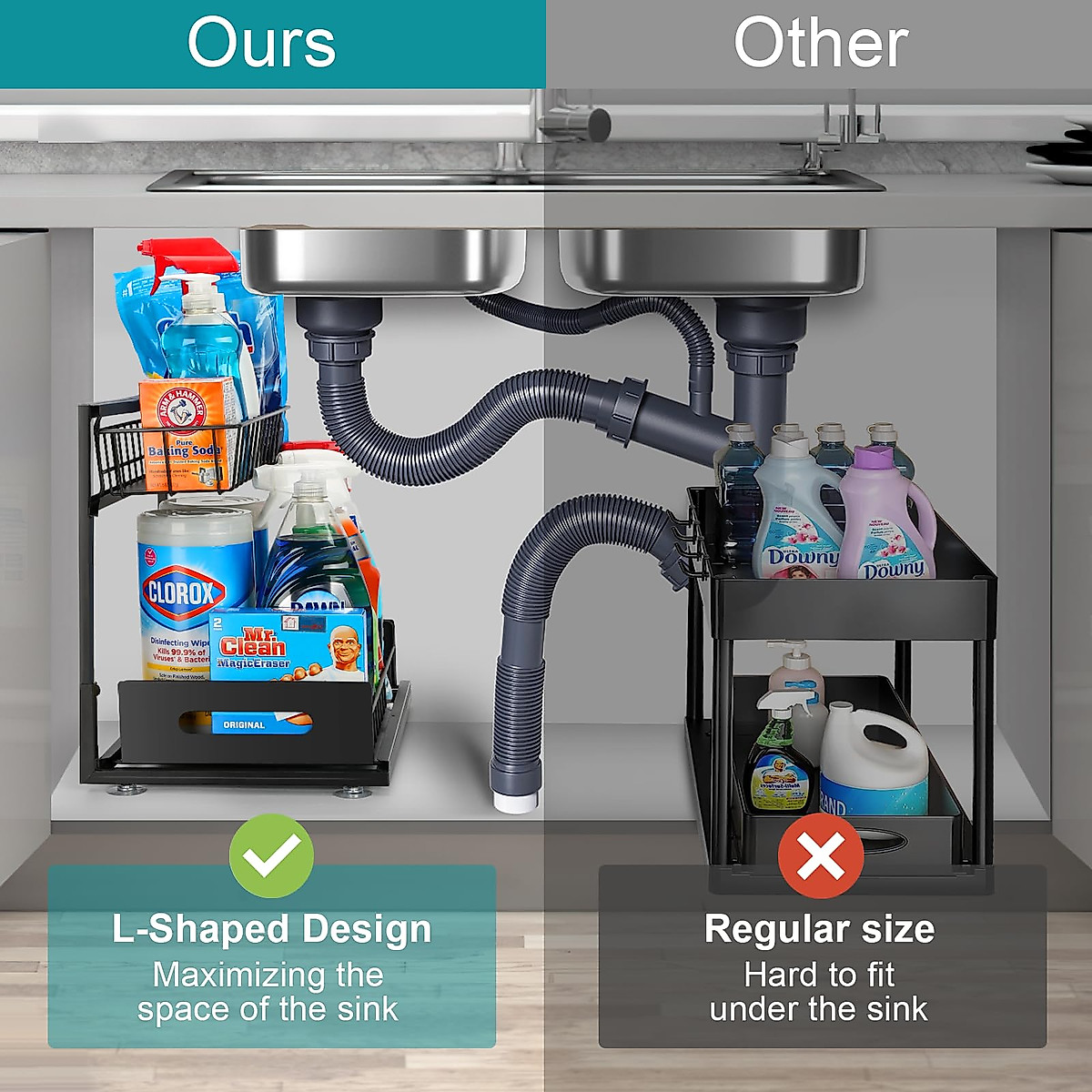 Coyeth Under Sink Organizer, Height Adjustable Metal 2-Tier Pull Out Cabinet Organizer Under Kitchen Sink Organizer, L Shaped Slide Out Sink Shelf, Under Cabinet Storage for Kitchen Bathroom