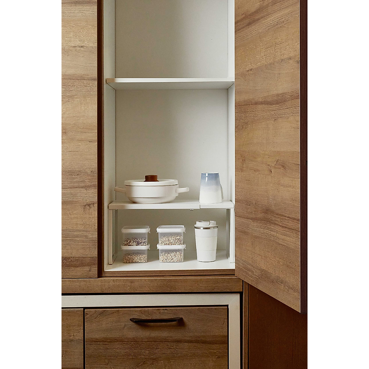 Nxconsu Expandable Cabinet Shelf Organizer Storage Rack Shelf Riser for Kitchen Pantry Cupboard Bathroom Under Sink Countertop Desktop Space Saver Freestanding Stackable Heavy Duty Flat Edge White