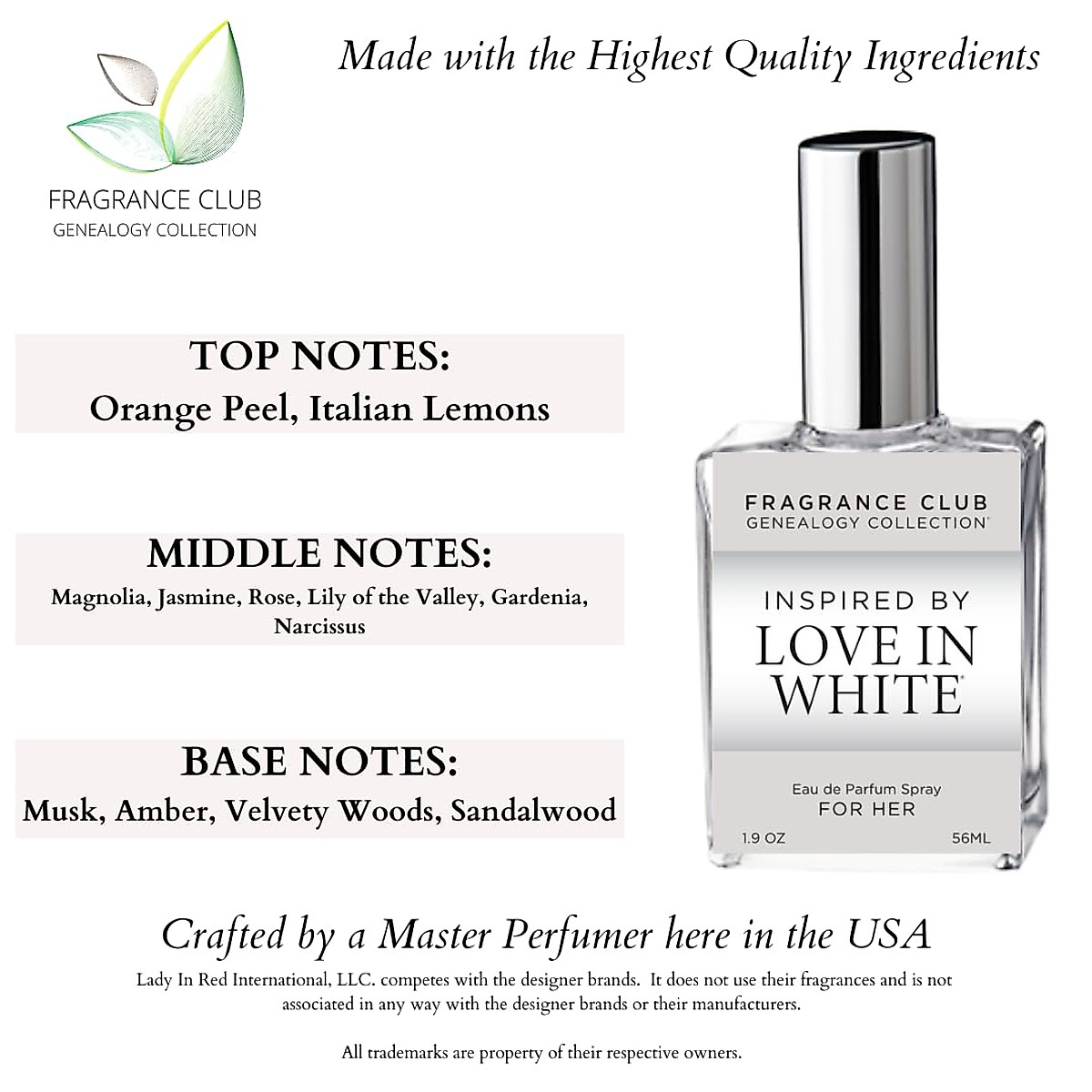 Fragrance Club Genealogy Collection Inspired by Love In White, 1.9 oz. EDP, Womens fragrance. Our version is a sweet, fresh floral fragrance.