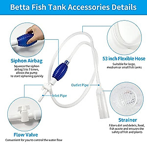 Fish Tank Cleaning Tools, Aquarium Cleaning Kit, Betta Fish Tank Accessories, Aquarium Gravel Cleaner, Algae Scrapers 5 in 1 Kit for Water Change and Sand Cleaner, Long Siphon Nozzle with Valve