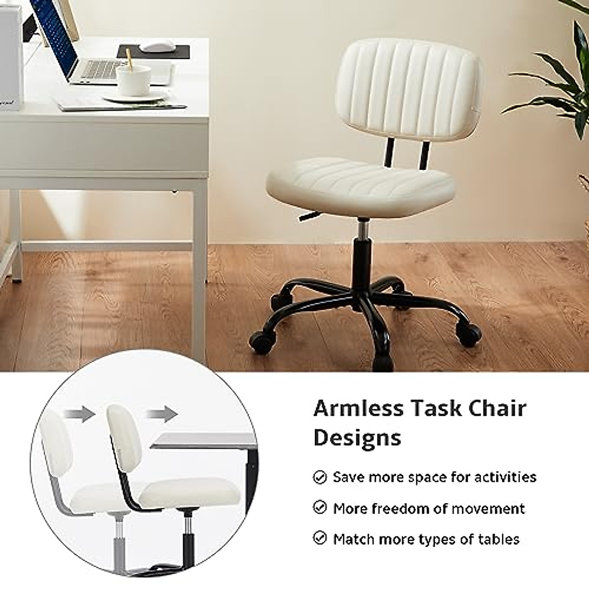 OLIXIS Armless Home Office Desk Low Back Computer Task Wheels and Lumbar Support, Height Adjustable Cute Vanity Chair No Arms for Bedroom,Study Small Space, White
