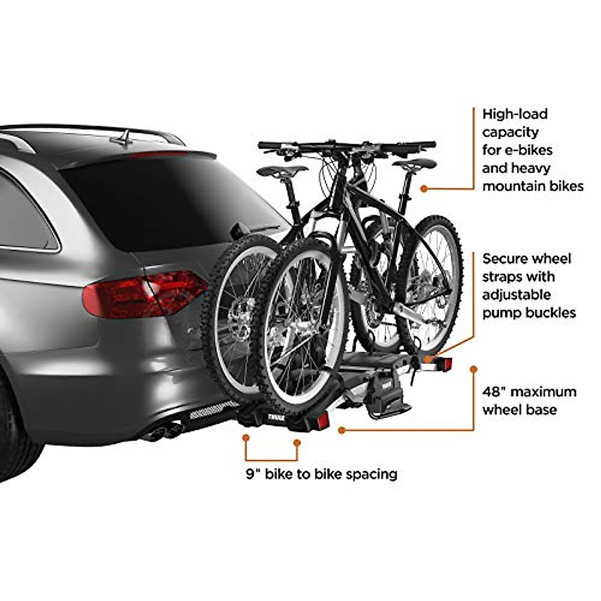 Thule EasyFold XT 2 Hitch Bike Rack - E-Bike Compatible - Fits 2" and 1, 1/4" receivers - Tool-Free Installation - Fully Foldable - Easy Trunk Access - Fully Locking - 130lb Load Capacity