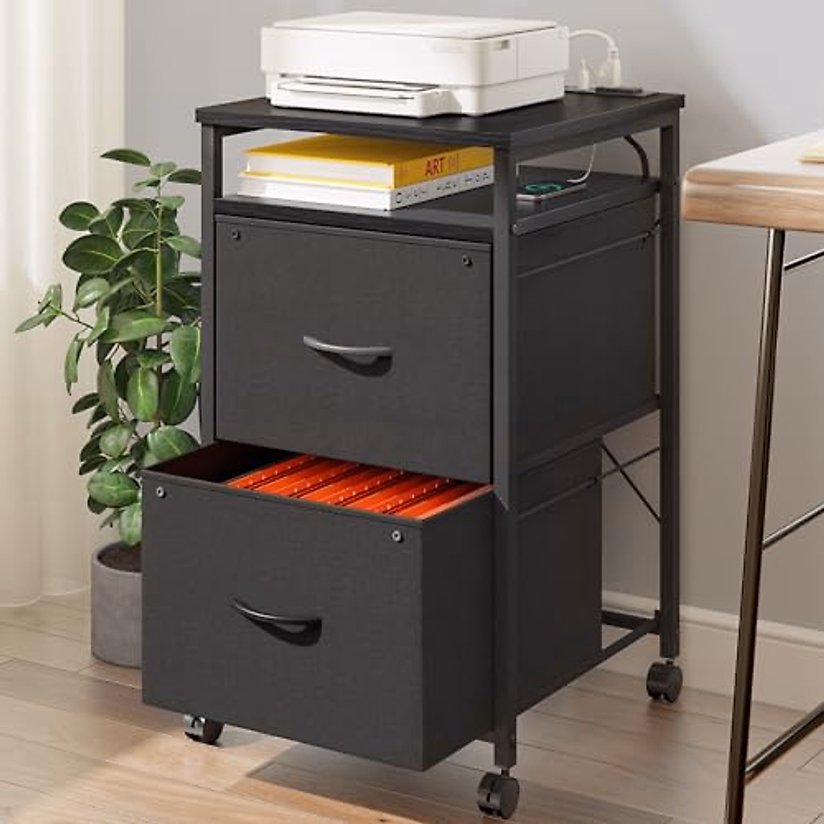 Uliyati File Cabinet, Fabric Filing Cabinet with Socket & USB Charging Port, Vertical Rolling Printer Stand with 2 Drawers, Mobile Filing Cabinet with Open Shelf, A4 or Letter Size, for Home Office