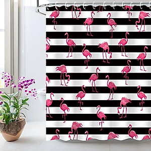 LIVILAN Flamingo Shower Curtains, Pink Shower Curtains with Hooks Flamingo Black and White Stripes Shower Curtains for Bathroom Decor, Machine Washable(72" X 72")