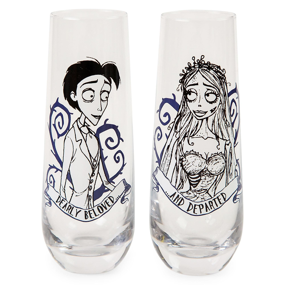 Silver Buffalo Tim Burton's Corpse Bride Dearly Beloved 9-Ounce Stemless Fluted Glassware, Set of 2 | Toasting Champagne Glass Cups For Wine, Mimosas, Cocktails