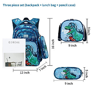 Wawakube 3Pcs Boys Dinosaur Backpack Set with Lunch Box Pencil Case, School Book Bag for Kids Elementary Preschool