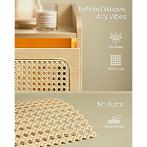 VASAGLE BOHOVEN Collection - Nightstands with Charging Station, Set of 2, Bedside Tables with Motion Sensor Lights, Rattan-Like Side End Tables, Solid Wood Legs, for Bedroom, Boho Style, Oak Beige