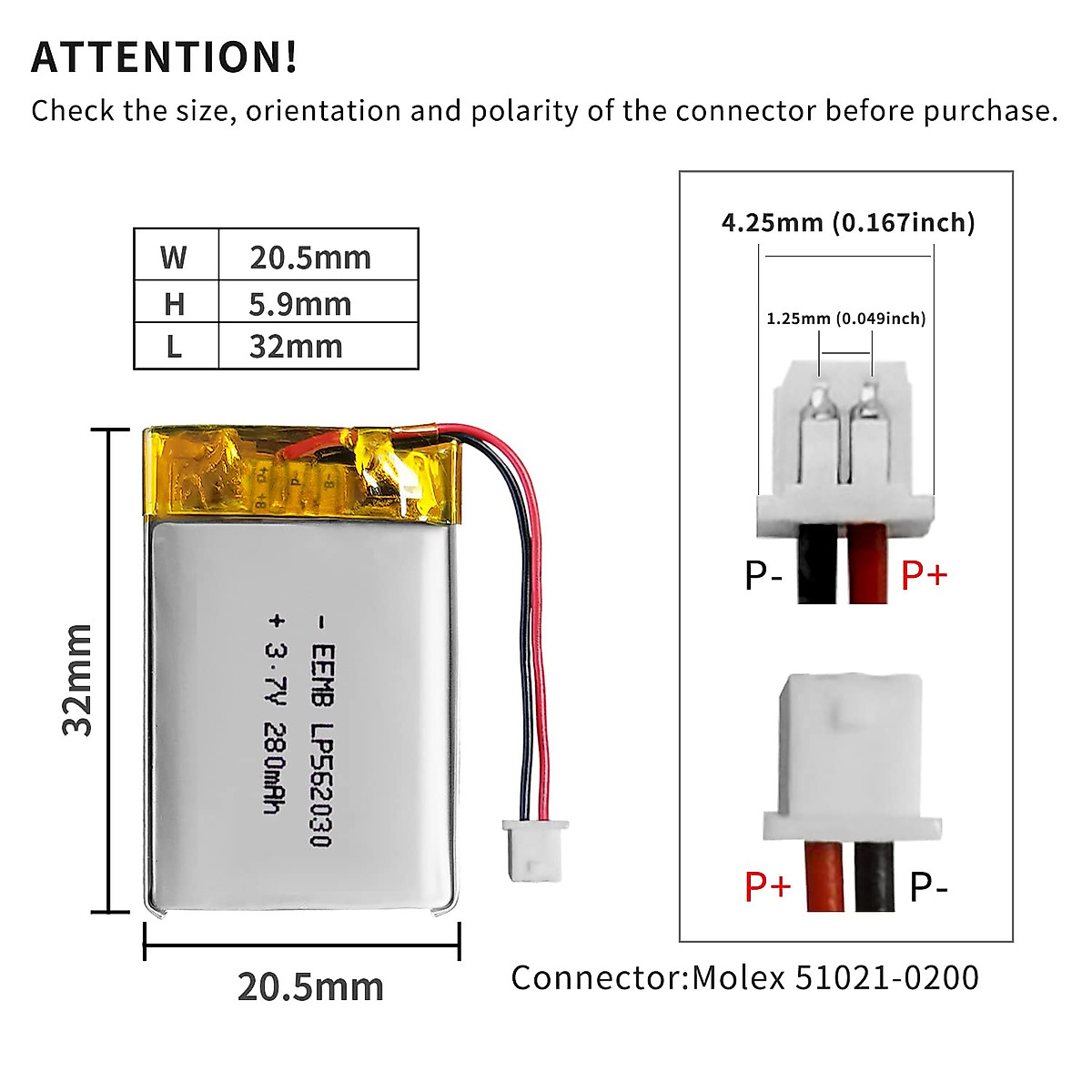 EEMB Lithium Polymer Battery 3.7V 280mAh 562030 Lipo Rechargeable Battery Pack with Wire Molex Connector for Dashcam Bluetooth Speaker - Confirm Device & Connector Polarity Before Purchase