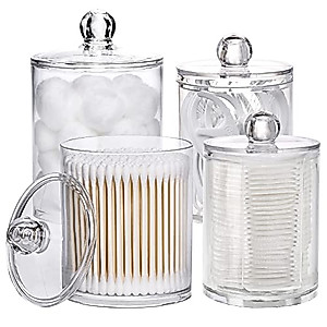 Tbestmax 12 oz, 10 oz Qtip Holder, 4 Pcs Clear Restroom Bathroom Organizers and Storage Containers for Cotton Ball, Cotton Swab, Cotton Round Pads, Floss, Plastic Apothecary Jars Set with Lids