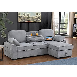 Lilola Home Mackenzie Light Gray Chenille Fabric Sleeper Sectional with Right-Facing Storage Chaise, Drop-Down Table, Cup Holders and Charging Ports