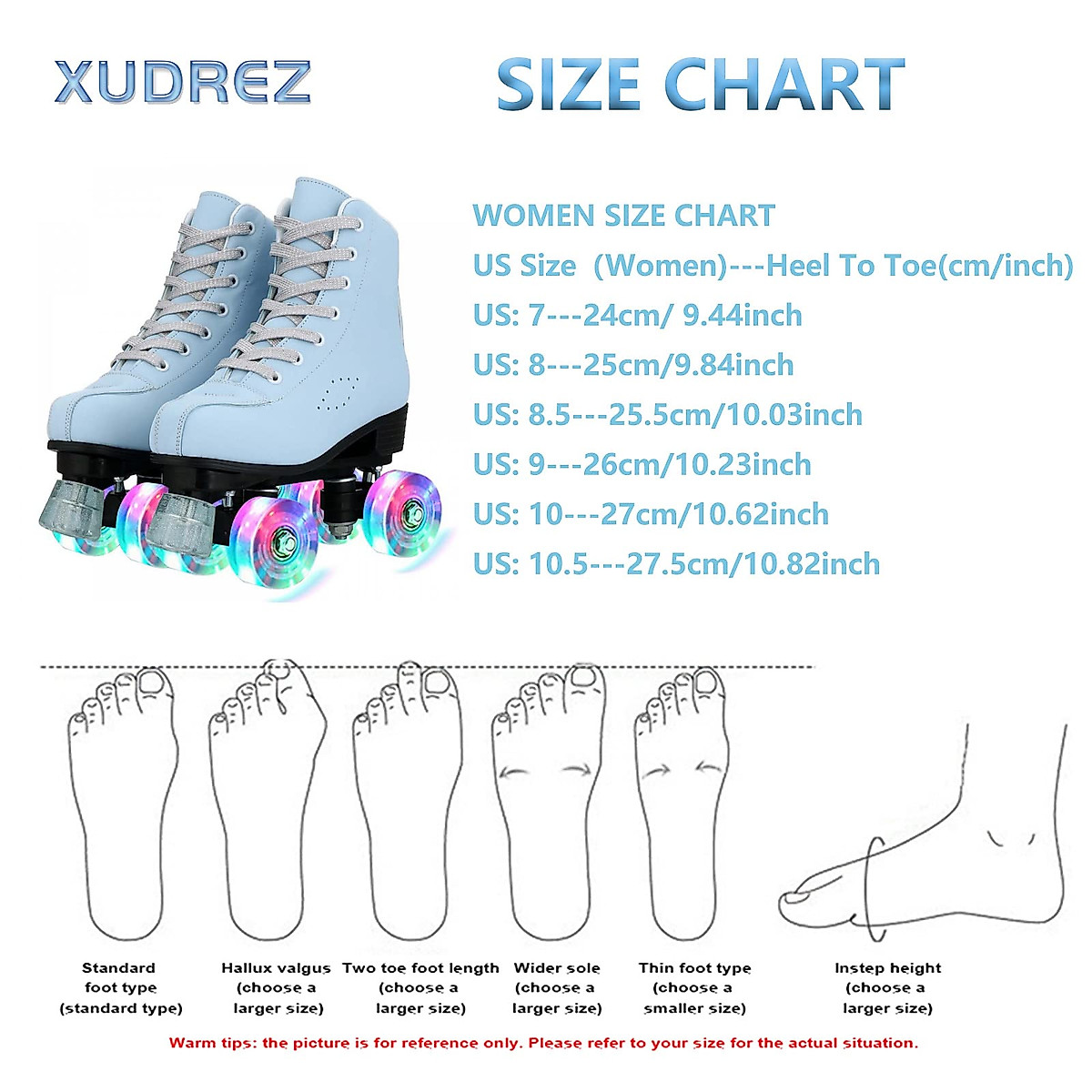 XUDREZ Roller Skates for Women Girls, SkyBlue Premium Frosted Material Roller Skates, Classic Double-Row High-top Roller Skates for Beginner, Indoor Outdoor Roller Skates (Women US: 8.5)
