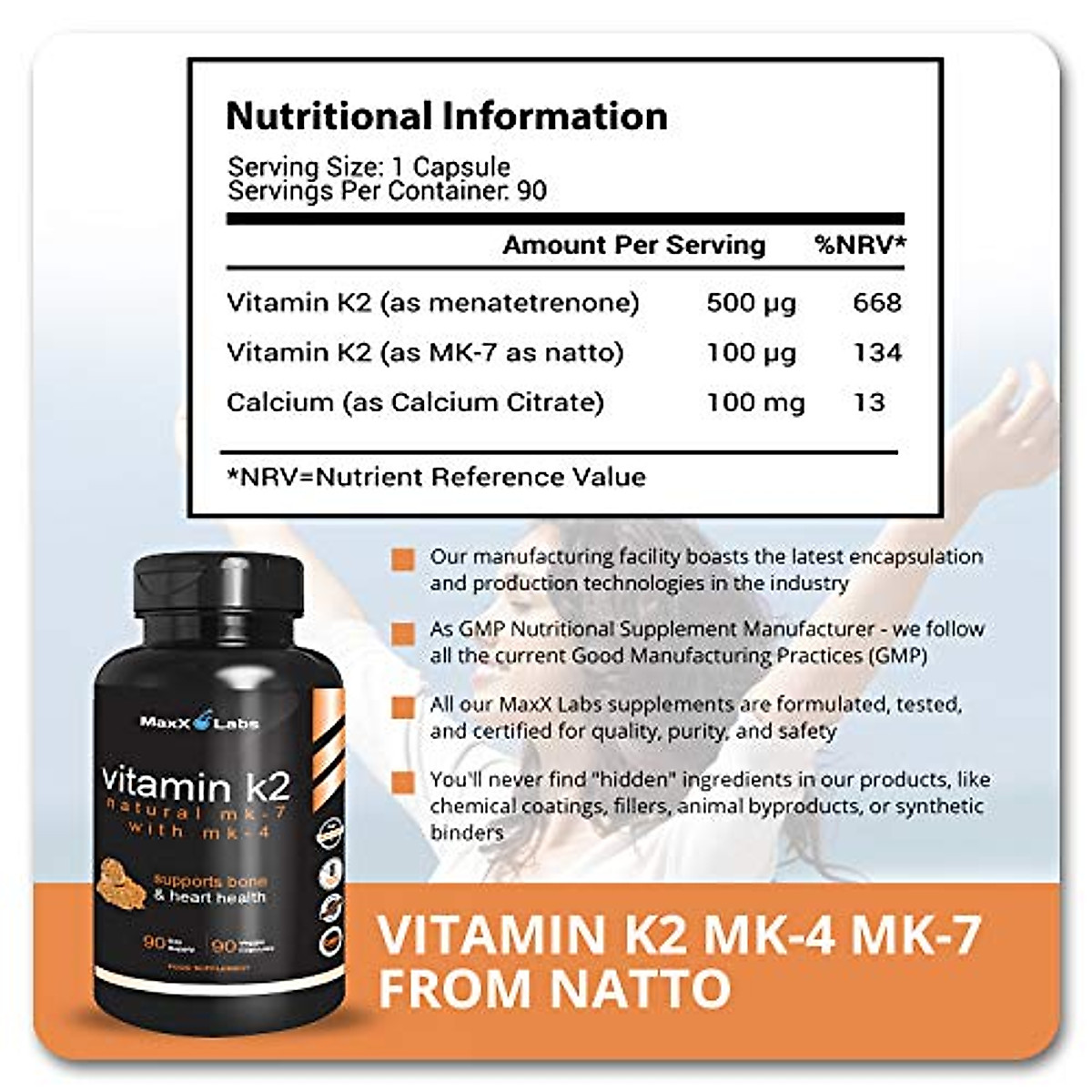 High Strength Vitamin K2-600 mcg - Full Spectrum Vitamin K2 MK4 MK7, Vitamin K MK7 Natto & MK4 & Calcium 100 mg, K2 Vitamin Supplement, Complex K2-7 M7-90, Works w/ Vitamin D3 5000 IU, 90 Veggie Caps