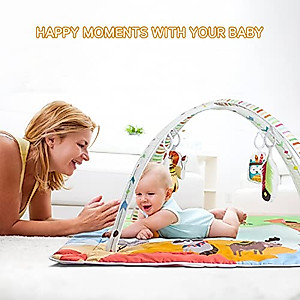 Mostop Baby Gym Play Mat with 4 Toys for Sensory and Motor Skill Development Language Discovery, 3 in 1 Large Size Baby Gym Activity Center for Tummy Time Washable Mat Covers Baby Activity Play Mat