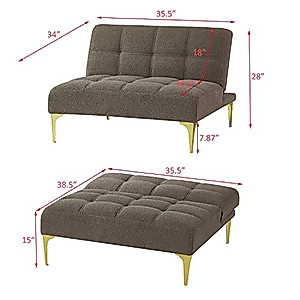 Convertible Sofa Bed, Single Futon Sofa Bed with Adjustable Backrest and Gold Metal Legs, Teddy Fabric Armless Chair for Living Room Bedroom Apartment Office, Taupe
